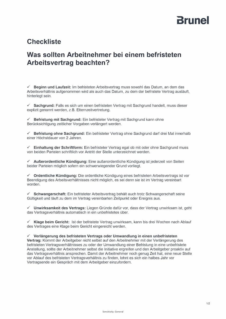 Befristeter Arbeitsvertrag - Das Wichtigste inkl. Checkliste - Brunel