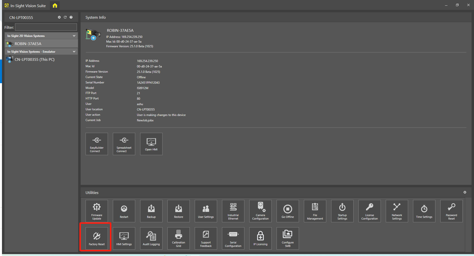 Factory Reset of In-Sight Vision Suite | Cognex